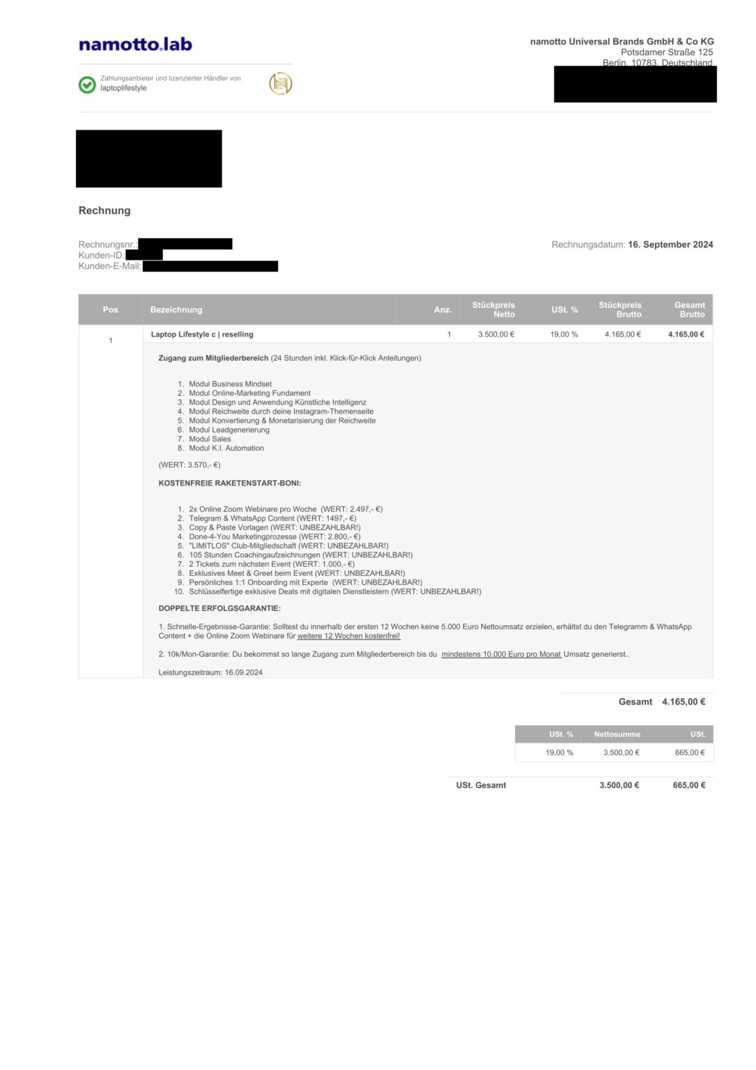 Namotto Universal Brands: Rechnung für Laptop Lifestyle ...